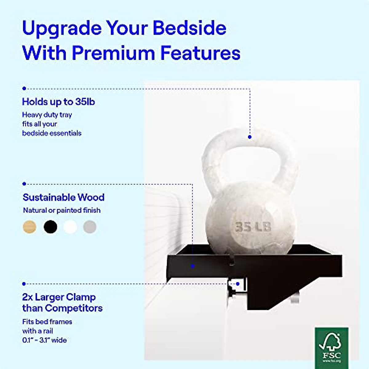 BedShelfie Bedside Shelf for Bunk Bed - College Dorm Room Essentials, Loft Bed Accessories, Clip On Nightstand Snack Organizer, Floating Bed Side Table Tray Shelfie Storage - Wood Black Cup Holder