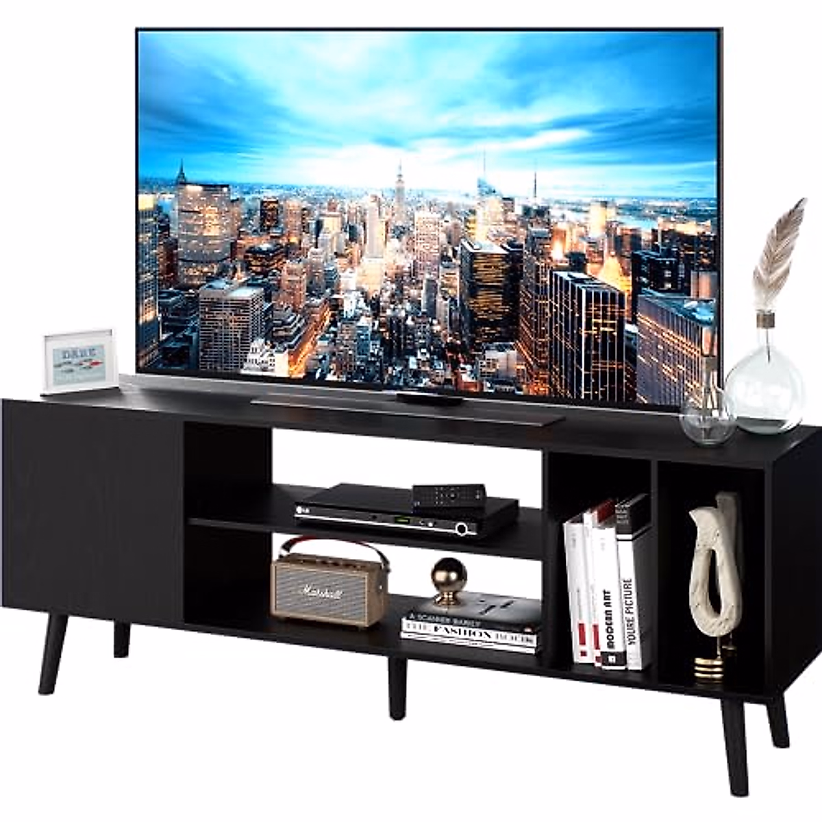 Yusong TV Stand for 55/65 inch TV, Mid Century Modern TV Console Table, Media Entertainment Center with Storage for Living Room Bedroom, Wood TV Cabinet, Oak Black