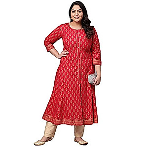 Yash Gallery Plus Size Cotton Gold Printed Anarkali Kurtis for Women (Red)