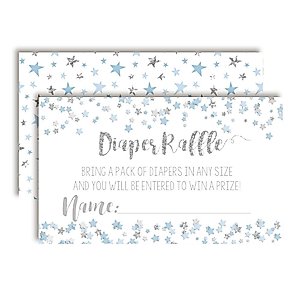 Amanda Creation Blue & Silver Twinkle Little Star Diaper Raffle Tickets for Boy Baby Showers, 20 2" X 3” Double Sided Inserts, Bring a Pack of Diapers to Win Favors & Prizes!