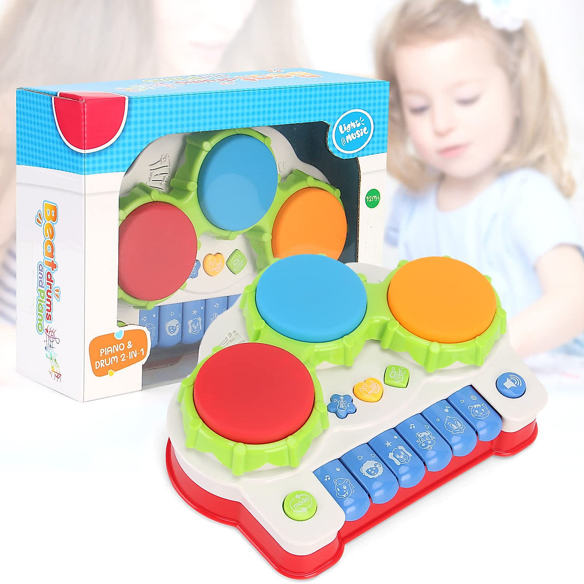 Baby Musical Keyboard Toy Piano for Toddlers 1-3, Drum Toy Set with Songs, Animal Sounds and Lights, Piano Xylophone for Kids Drums Montessori Learning Electronic Baby Instruments 12-18 Months