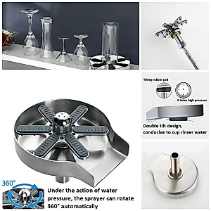 360° Rotary Stainless Steel Glass Rinser, Faucet Glass Rinser for Kitchen Sinks,Metal Cup Cleaner for Sink,Glass Bottle Cleaner Sink Attachment (9 Holes Rotation, Brush Nickel)