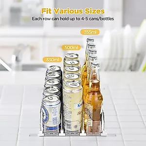OTraki Fridge Drink Organizer Adjustable 3 Rows Soda Organizer for Refrigerator with Pusher Glide 15Inch Length & Width Fridge Spring Loaded Drink Can Dispenser Storage Hold up to 15pcs Cans, Clear