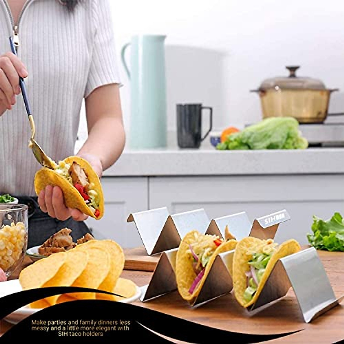 SIH Taco Holders –Taco Holders Set of 4, Oven and Grill Friendly Metal Taco Holder Stand - Dishwasher Safe and Easy to Use Taco Racks (4x8″)