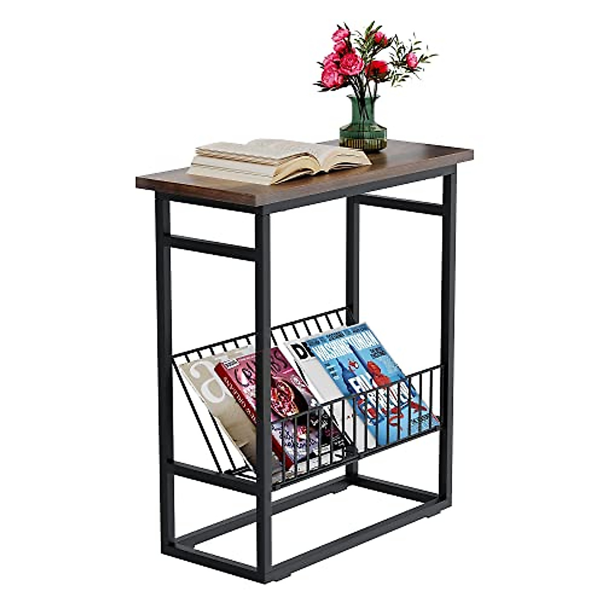 Unglehome End Table, Narrow Nightstand, Skinny Bedside Tables, Small Side Table for Small Spaces with Magazine Holder Rustic Slim Little Thin Table for Living Room, Bedroom, Sofa-Walnut