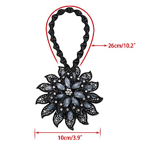Sumnacon 2 Pcs Crystal Curtain Magnetic Tiebacks - Decorative Big Flower Curtain Clips Buckle with Stretchy Wire Rope, Sparkling Drapery Holdsbacks for Home Office Decor, Black