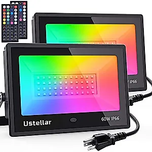 Ustellar 2 Pack 60W RGB LED Flood Lights Outdoor Color Changing Floodlight Exterior IP66 Waterproof Uplighting Landscape Wall Washer Led Party Garden Yard Halloween Christmas Spot Light Stage Lighting