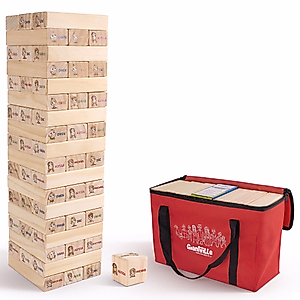 Giantville Giant Tumbling Timber Toy - Premium Pine Wood Life-Size Blocks Tower - Big Floor/Board Indoor/Outdoor Yard Game for Kids & Adults - 54-Blocks + Red Storage/Carry Bag - Grows Almost 4-Feet