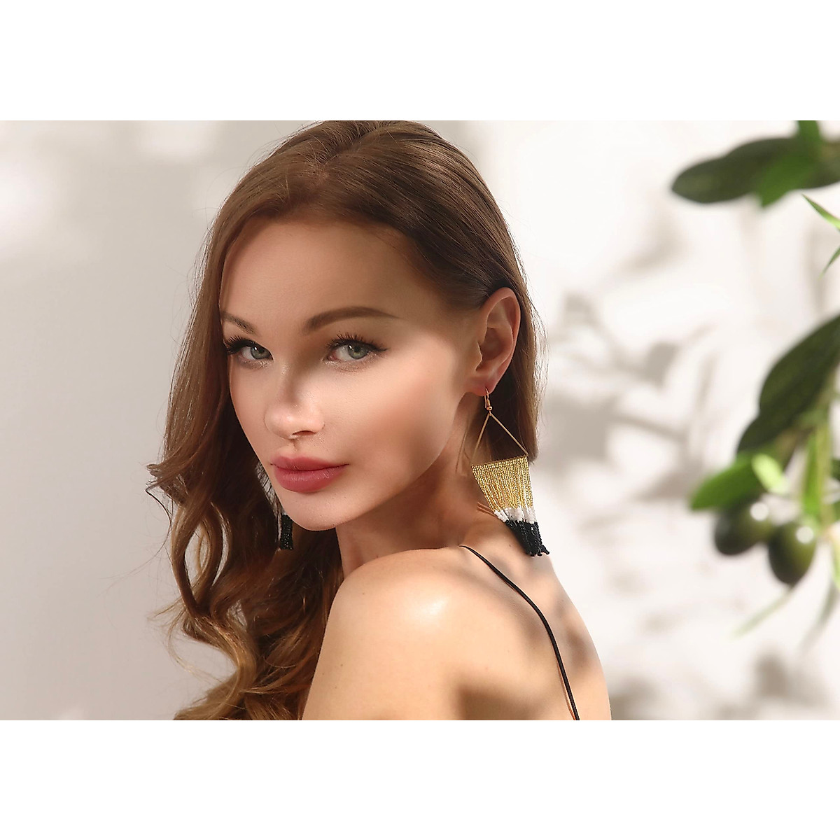 Handmade Beaded Tassel Earrings - Statement Seed Bead Earrings, Boho Beaded Fringe Drop Earrings for Women (TRIANGLE GOLD BLACK)