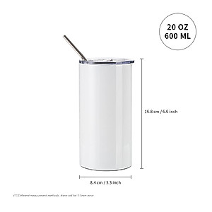 PYD Life Sublimation Blanks Tumbler Straight Fatty 20 OZ White Stainless Steel Tumbler Cups with Lid and Metal Straw for Cricut Mug Press Machine Sublimation Print 4 Pack