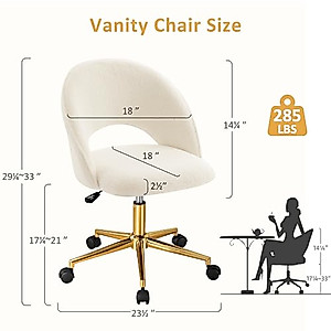 Furniliving Vanity Accent Chair, Modern Cute Round Desk Chairs Adjustment Height Swivel Chair with Wheels Upholstered Sherpa Gold Metal Base for Makeup Living Room Bedroom,White