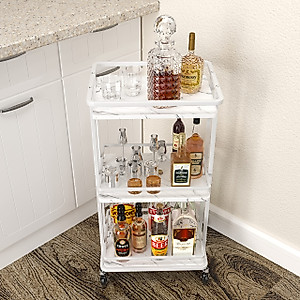 XYZLVSI 3-Tier Rolling Serving Bar Cart, Wood and Metal Kitchen Island Storage Cart with Wheels, Multifunction Utility Drink Cart Storage Rack for Home, Kitchen, Bar, Dinning Room, Living Room (White)