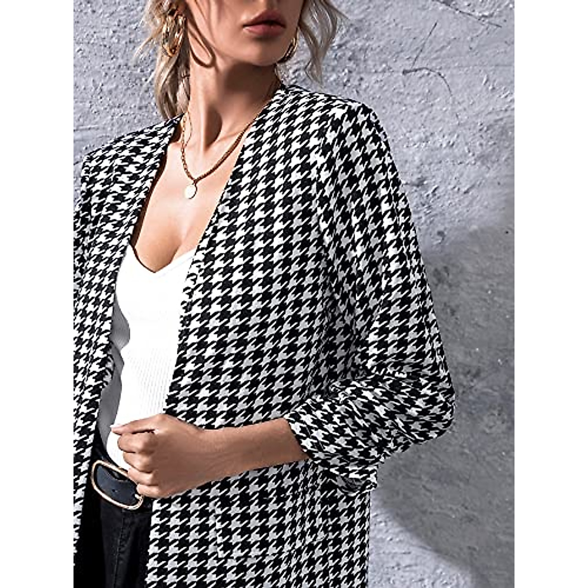 Milumia Women's Elegant Open Front Houndstooth Ruched Sleeve Work Blazer Suit Outerwear Black and White X-Small