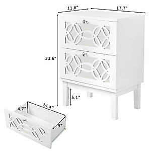 VINGLI White Nightstand Set of 2, Nightstands with Mirror Front Drawers, Bed Side Table/Night Stand, Modern Nightstand, Mirrored Nightstand with Drawer for Bedroom, Kids’ Room, Living Room, Wood