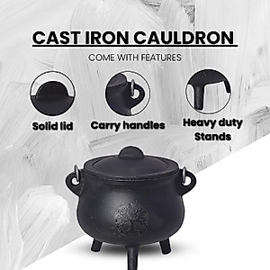 SOUL STICKS Reusable 6 Cast Iron Cauldron with Lid and Hanging Handle for Spell Casting, Smudging, Ritual & Blessings Pot Belly Witchcraft (Tree of Life)