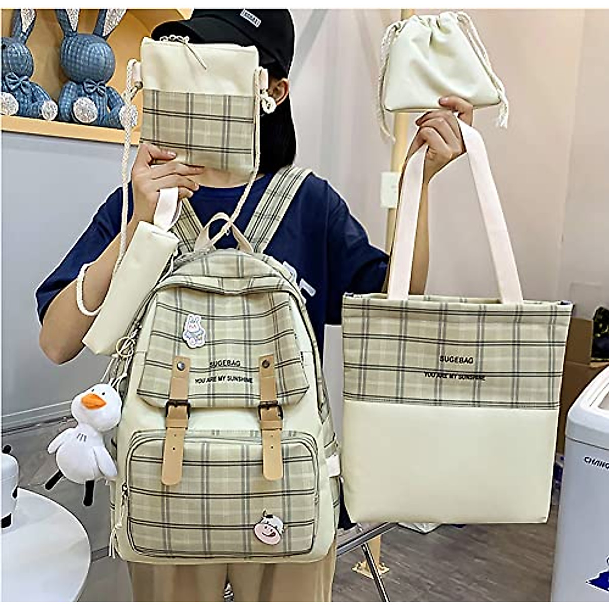 DAHUOJI 5Pcs Kawaii Backpack Set with Badge & Duck Pendant,Japanese Aesthetic Check Bookbag for Girls Cute Plaid School Bags Comes with Tote Bag,Shoulder Bag,Pencil Box,Small Bag(Khaki,16in)