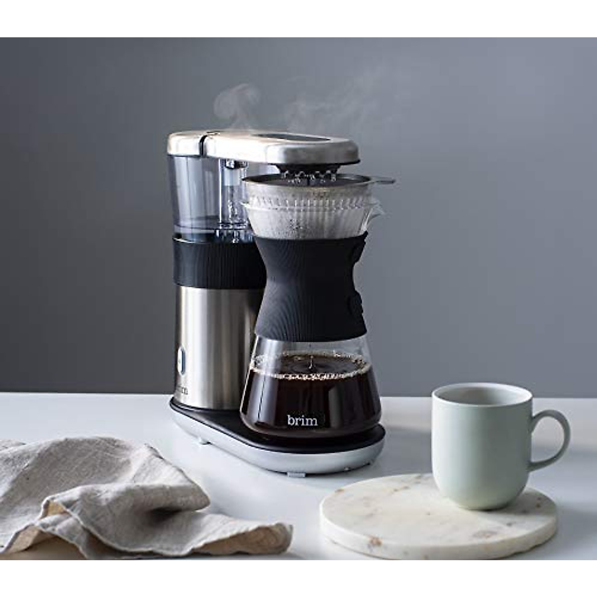 brim 8 Cup Pour Over Coffee Maker Kit, Simply Make Rich, Full-Bodied Coffee Every Time, Set Includes Glass Carafe, SCA Measuring Scoop, Silicone Sleeve, and Healthy-Eco Reusable Filter, Stainless Steel