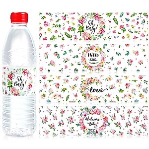 Chinco 48 Pieces Waterproof Baby Shower Water Bottle Labels Pink Water Bottle Wrappers Floral Bottle Labels Unisex Water Bottle Sticker Labels Shower Decorations for Baby Birthday Party, 4 Styles