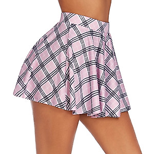 Avidlove Women's Mini Plaid Skirt Stretchy Elastic Waist Flared Casual Mini Skater Skirt