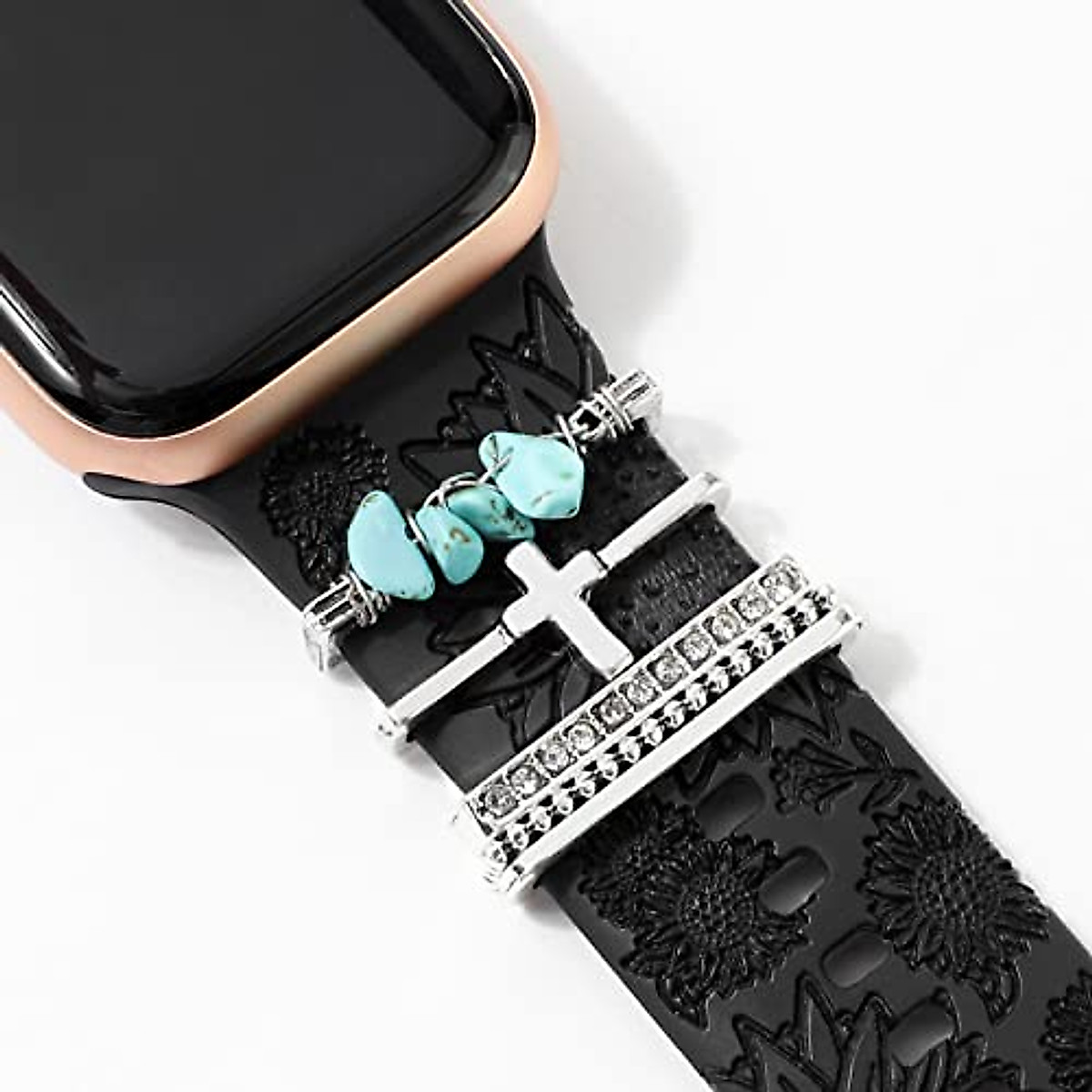 Decorative Ring Loops Compatible with Apple Watch Silicone Bands Charms 38mm 40mm 41mm 42mm 44mm 45mm,Crushed Stone Metal Jewelry Charms Accessories for iwatch Series 7 6 5 4 3 2 1(No Band，Pine Green)