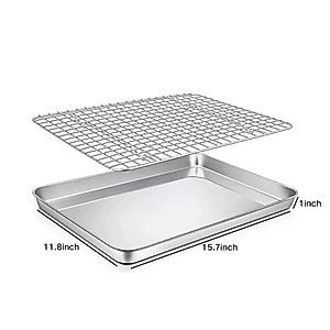 N&S AMOCWJ Food Grade Cookie Sheet with Wire Rack, Half Baking Pan for Oven Cooking, Stainless Steel Rimmed Tray Cooling Roasting Broiling Bacon Meat Steak - Dishwasher Safe (XL), Silver