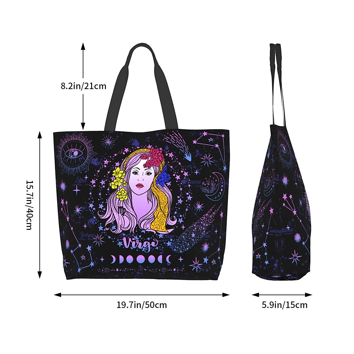 JASUTOT Virgo Constellation Tote Bag Large Canvas Zodiac Sign Astrology Shoulder Tote Handle Bag For Gym Beach Weekender Travel Shopping