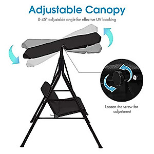 Tangkula 2 Person Porch Swing, Outdoor Swing with Removable Cushions, Solid Steel Structure, Patio Swing with Adjustable Canopy for Porch, Backyard, Garden, Balcony
