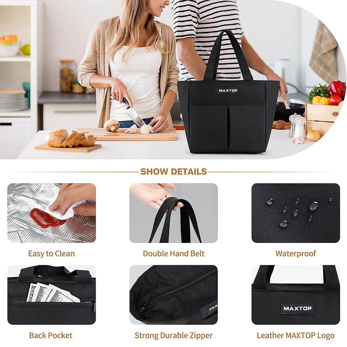 MAXTOP Lunch Bags for Women,Insulated Thermal Lunch Tote Bag,Lunch Box with Front Pocket for Office Work Picnic Shopping (Black, Medium)