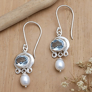 NOVICA Artisan Handcrafted Cultured Freshwater Pearl Blue Topaz Dangle Earrings | Pearl Silver Sterling Sky Fantasy Dangle Earrings | Gemstone Birthstone Themed Earrings Topaz Wedding Bridal Earrings