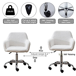 Modern Faux Fur Home Office Chair, Upholstered Fluffy Makeup Vanity Chair for Teen Girls Swivel Desk Chair, Height Adjustable Leisure Elegant chair, White