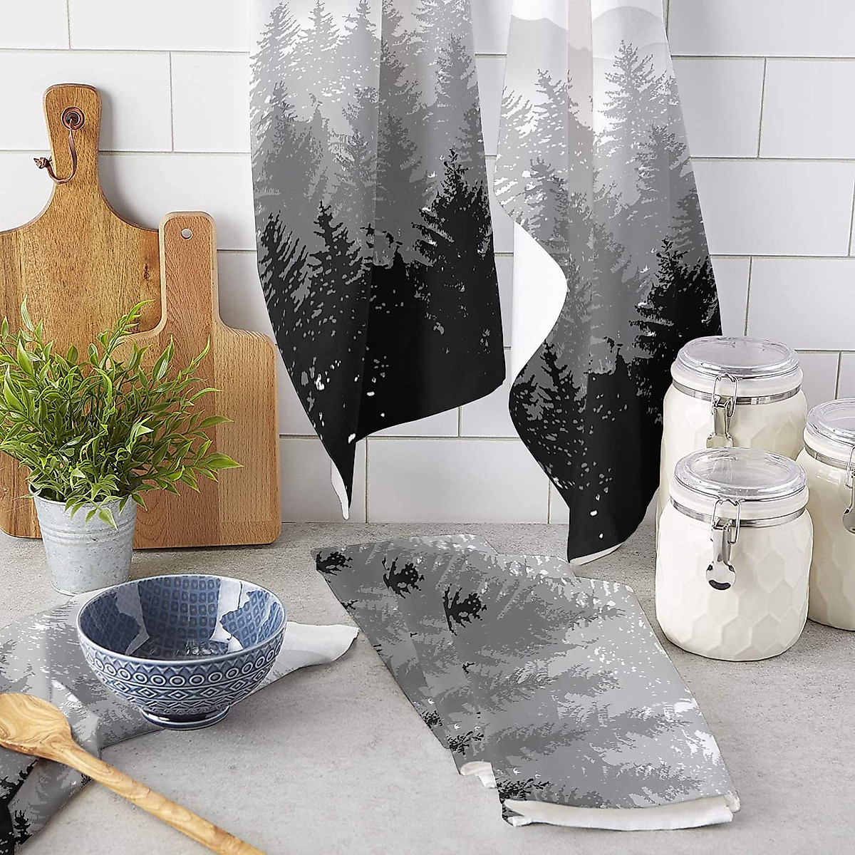 2 PCS Fall Autumn Tree Kitchen Towels 18"x28" Absorbent Cleaning Cloths for Drying Dish,Reusable Kitchen Rags Soft Terry Hand Tower Forest Grey Black Wood-Land Mountain Washable Dish Towel Dishcloths
