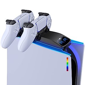 EXTREMECOOL PS5 Controller Charging Station for Dualsense, Dual PS5 Charging Station with RGB Light and Upgraded Touch Switch, PS5 Controller Accessories PS5 Controller Charger Dock on Top of Console