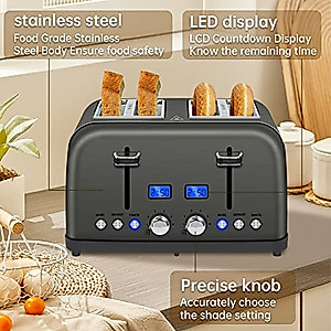 SEEDEEM Toaster 4 Slice, Bread Toaster with LCD Display, 6 Shade Settings Stainless Toaster, 1.5'' Wide Slots, Digital Toaster for Bagel, Defrost, Reheat, Dual Control, Removable Crumb Tray, 1500W, Dark Metallic