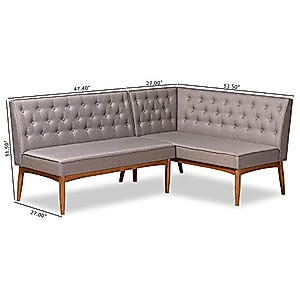 Baxton Studio Riordan Mid-Century Modern Grey Fabric Upholstered and Walnut Brown Finished Wood 2-Piece Dining Nook Banquette Set