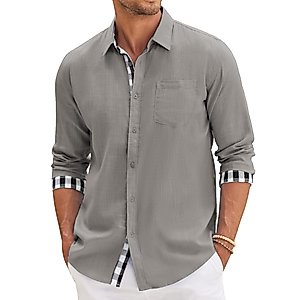 COOFANDY Mens Shirt Casual Linen Dress Plaid Collar Button Down, Grey, Large, Long Sleeve