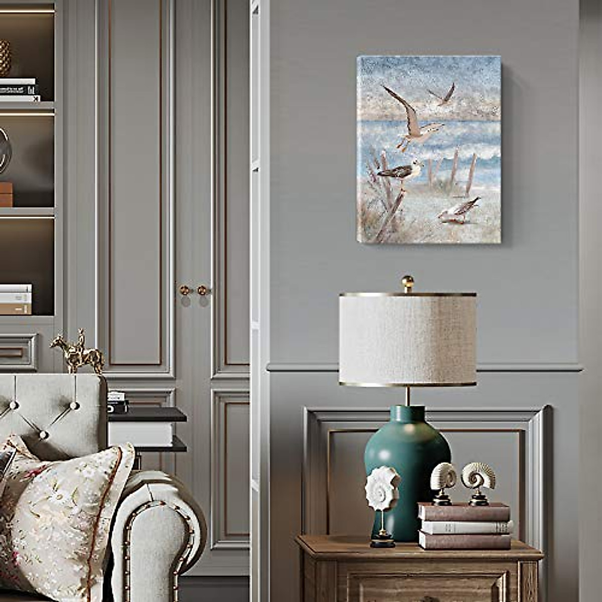 Beach Wall Art Bathroom Decor Ocean Theme Canvas Print Coastal Painting Perching Bird by The Sea Shore Abstract Seascape Picture Framed Artwork for Bedroom Living Room Office Ready to Hang 12x16inch