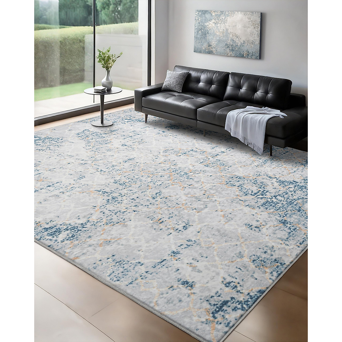 Ruggnovea 8x10 Area Rugs 8x10, Machine Washable Area Rugs for Living Room, Blue Teal Area Rug with Non Slip Dots for Bedroom, Low Pile Carpet with Modern Stripe Printing, Fade Resistant Area Mats