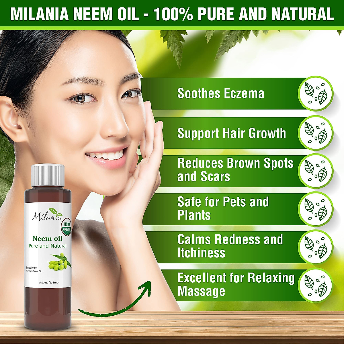 MILANIA Premium Organic Neem Oil (8 Oz.) Virgin, Cold Pressed, Unrefined 100% Pure Natural Grade A. Excellent Quality.