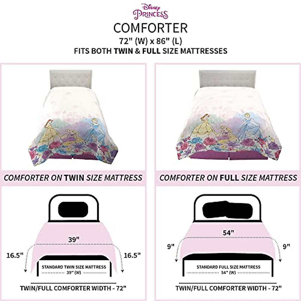 Franco Disney Princess Super Soft Plush Microfiber Reversible Comforter, Twin/Full, (Official) Disney Product