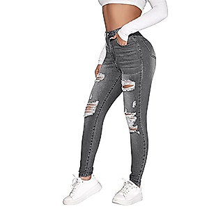 SweatyRocks Women's Casual High Rise Ripped Jeans Zipper Fly Skinny Denim Pants Grey M