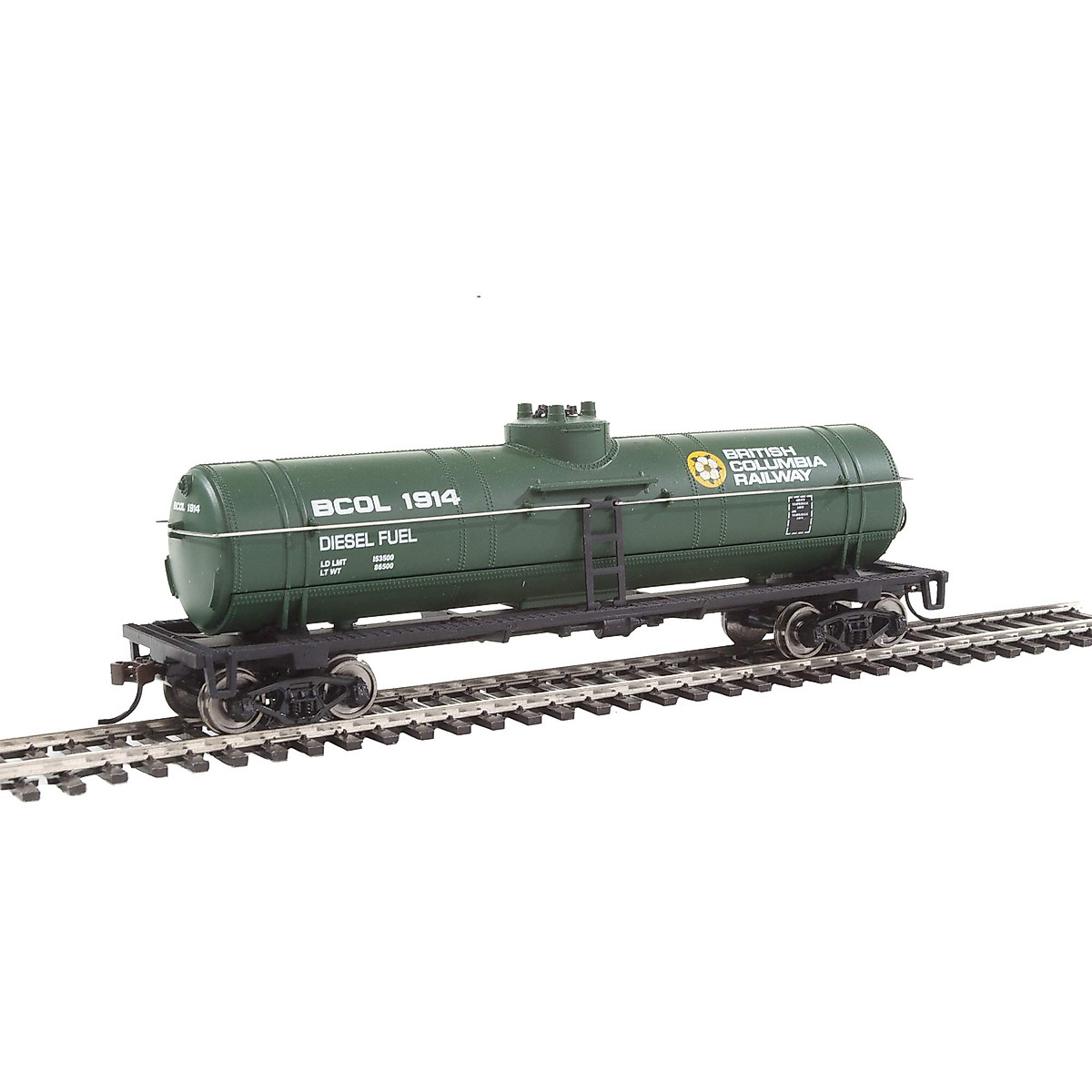 Walthers Trainline HO Scale Model British Columbia Railway Tank Car, Green/Yellow/White