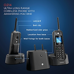 Motorola O214 DECT 6.0 Long Range Cordless Phone - Wireless Phones for Home & Office Phone with Answering Machine - Indoors and Outdoors, Water & Dust Resistant, IP67 Certified - Black, 4 Handsets