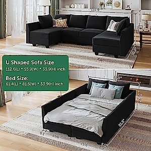 HONBAY Convertible Sectional Sofa Velvet U Shaped Couch with Reversible Chaise Modular Sectional Couch 6 Seater Sofa with Storage Seat, Black