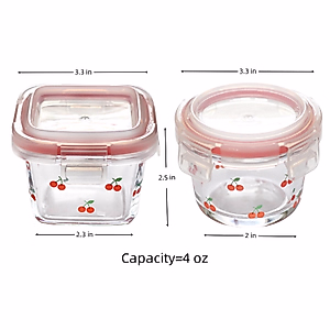 2 Pack 4 OZ Mini Glass Food Storage Containers with Lids,Square Round Cherry Food Jars Small Glass Container for Food Portion,Sauce,Snack,Yogurt,Airtight,Freezer Microwave Safe(red)