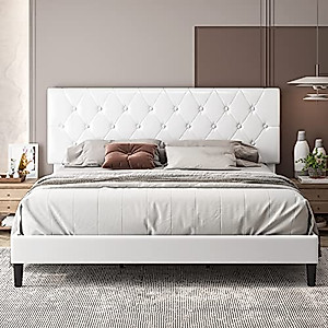 TTVIEW Upholstered Queen Bed Frame with Button Tufted Headboard, Modern Faux Leather Platform Bed with Wooden Slat Support, No Box Spring Needed, Sturdy and Noise-Free, Easy Assembly, White