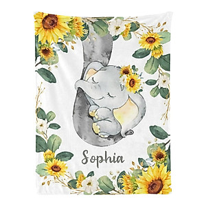 CUXWEOT Watercolor Elephant Sunflower Baby Blankets with Name Custom Baby Nursery Blanket for Boy Girl 30x40 Inches