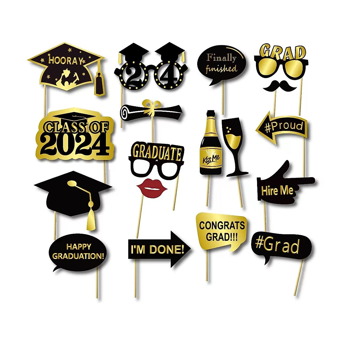 2024 Graduation Selfie Photo Booth Frame Black and Gold with 18Pcs Graduation Photo Booth Props, Upgraded Version with Support Cardboard, 2024 Grad Party Pose Sign