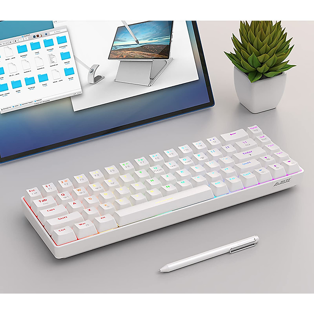 Ajazz K685T Wireless 60% Mechanical Keyboard, Bluetooth/2.4G/Wired Multi-Mode, RGB Backlight, N-Key Rollover 68 Keys, Hot Swap Switch, Compatible for Multi-Device Connection (White, Brown Switch)