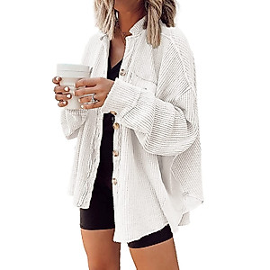 Yanekop Waffle Knit Button Down Shirt Womens Shacket Oversized Long Sleeve Shirt Jacket Trendy Outfits 2025(A White,XL)