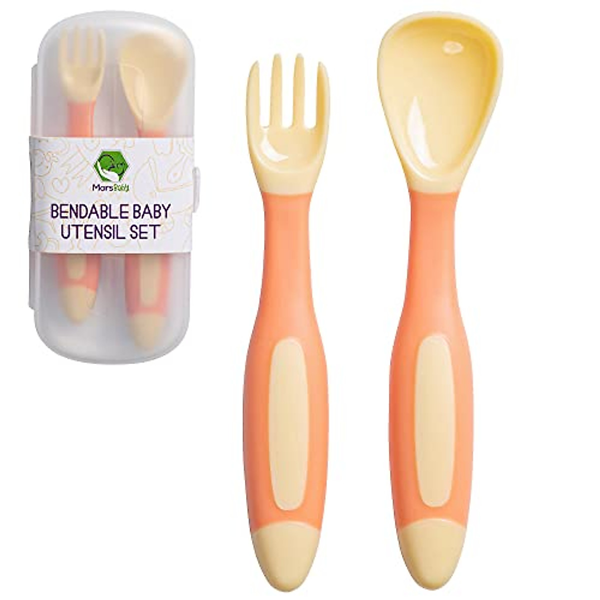 Mars Baby Silicone Baby Spoons Set for Self-Feeding - Bendable Learning Utensils for Toddlers - Perfect for Introducing Solids - With Travel Case - Orange